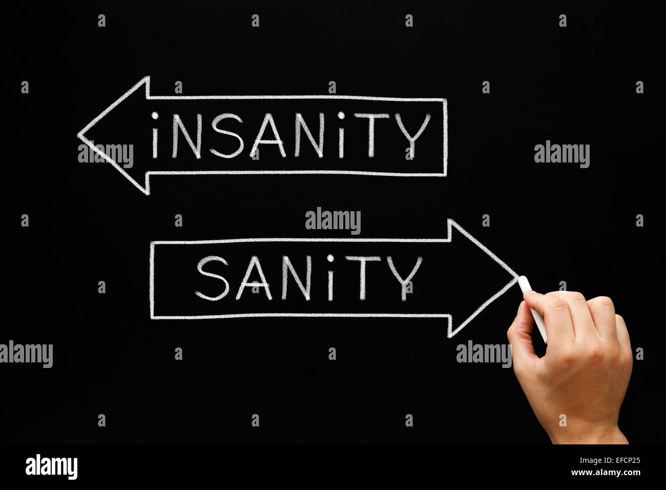 Hand drawing Sanity or Insanity arrows concept with white chalk on ...