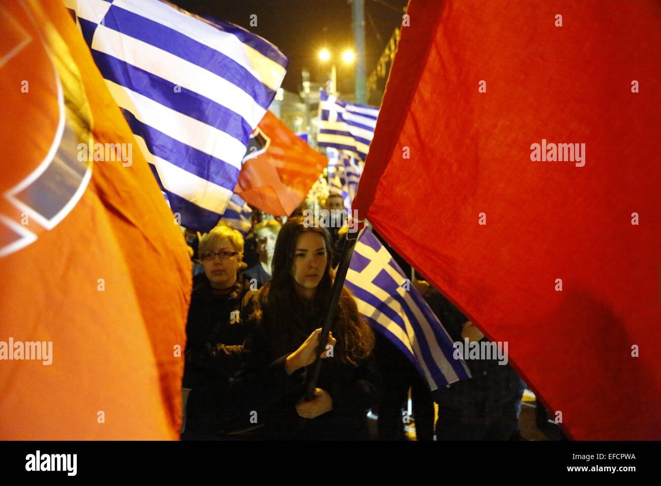 Athens, Greece. 31st January 2015. Many people of the crowd weave Greek ...