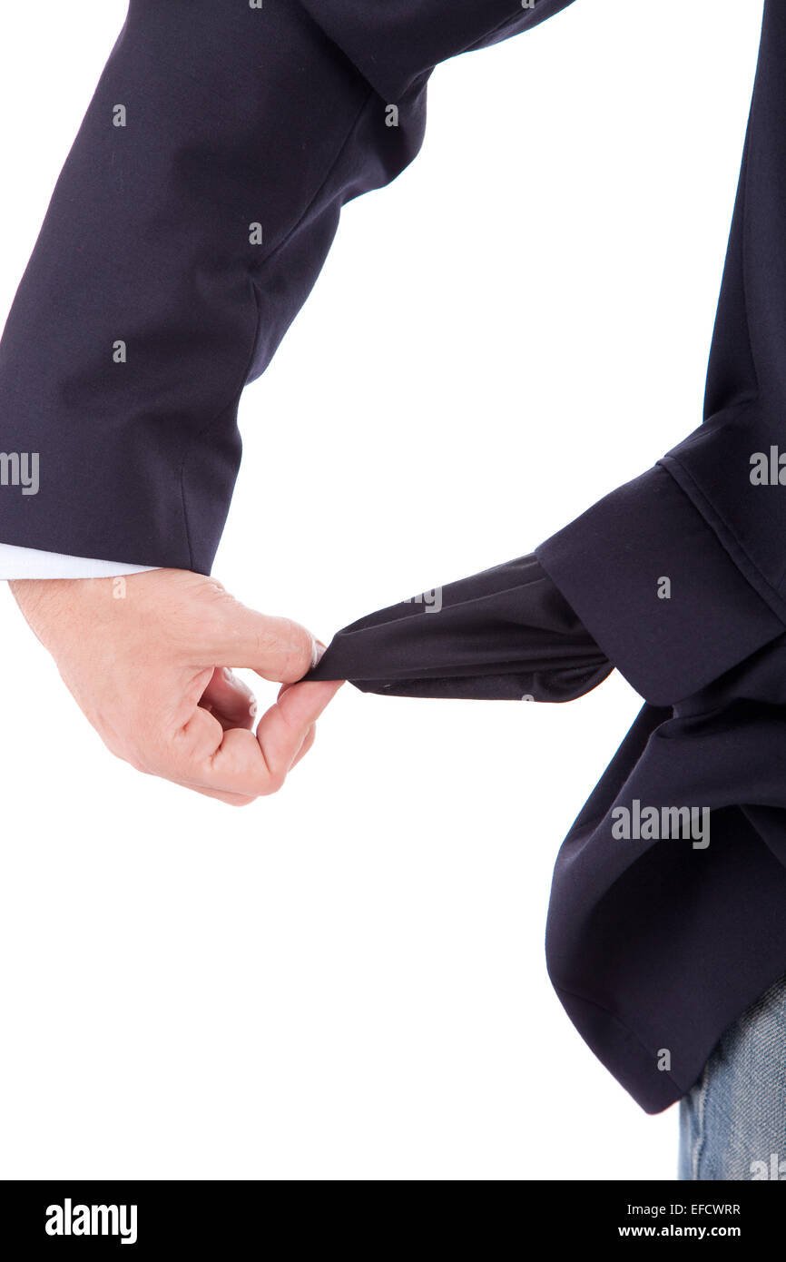Man holding empty pocket, isolated over white background Stock Photo ...