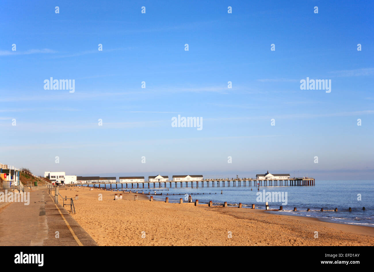 A view of the promenade, beach, and pier at Southwold, Suffolk, England ...