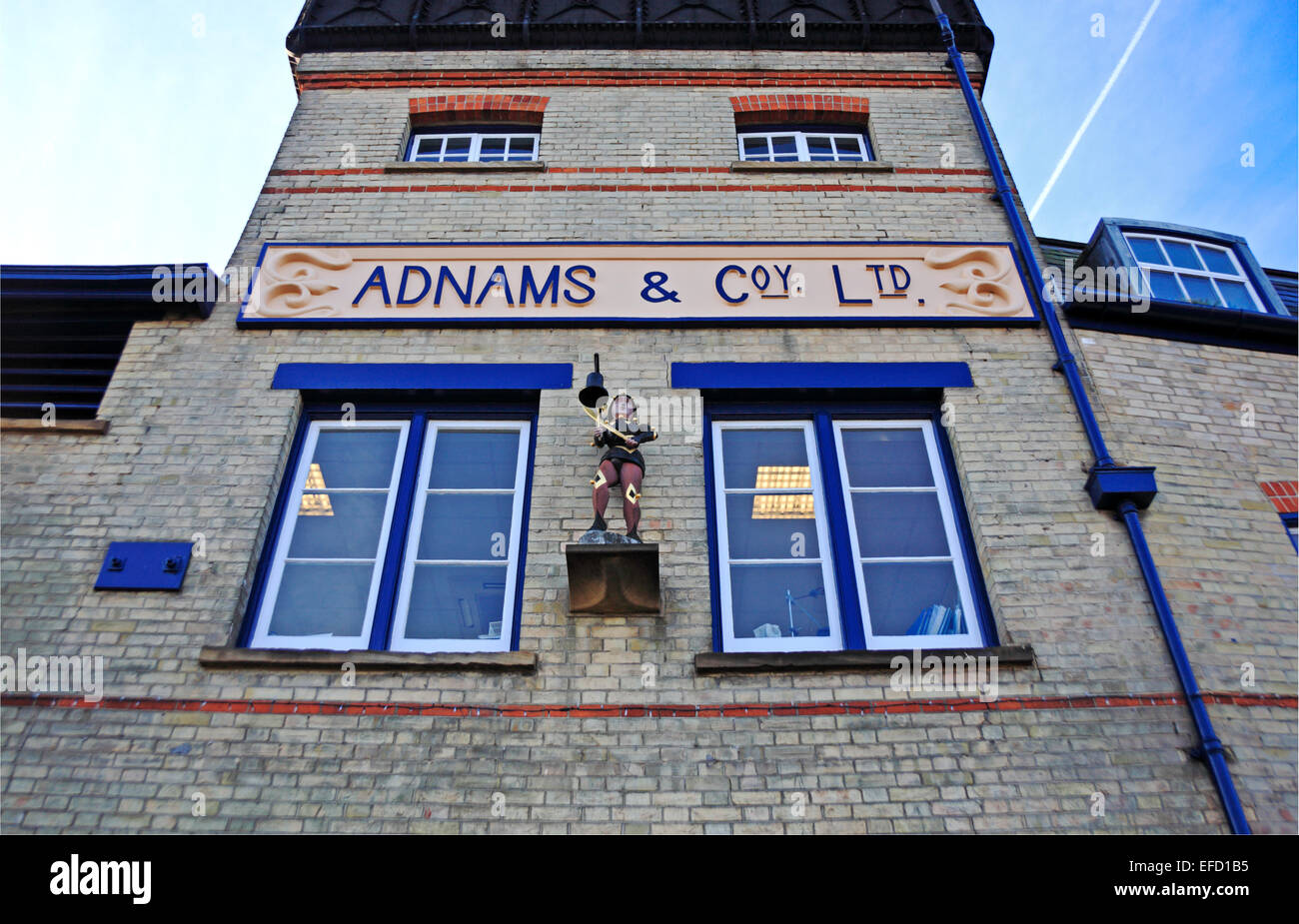 A view of a building and sign of Adnams brewery at Southwold, Suffolk ...