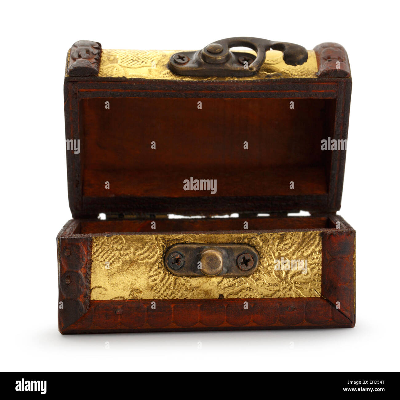 Golden treasure chest trunk on white background Stock Photo - Alamy