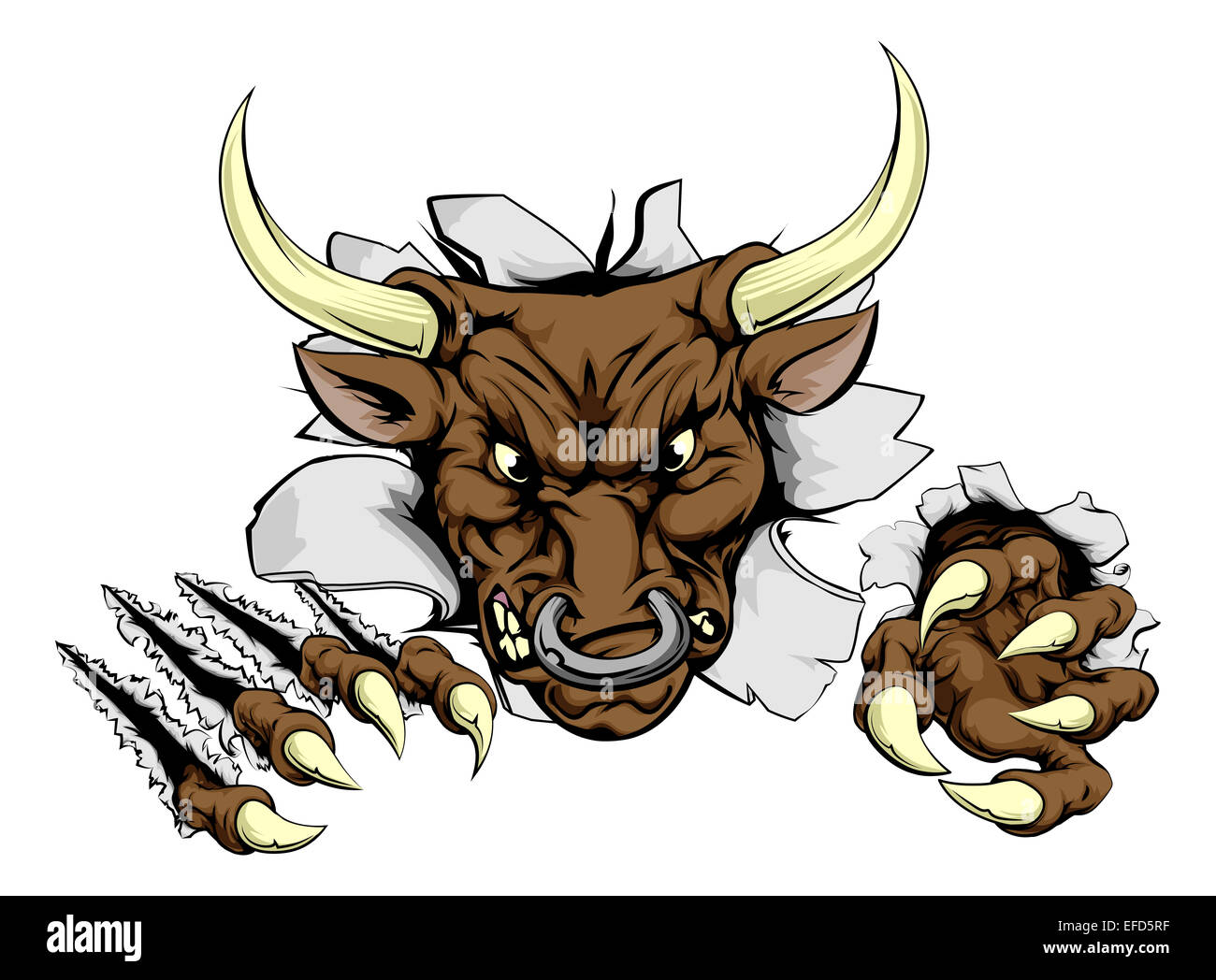 A scary bull mascot ripping through the background with sharp claws ...