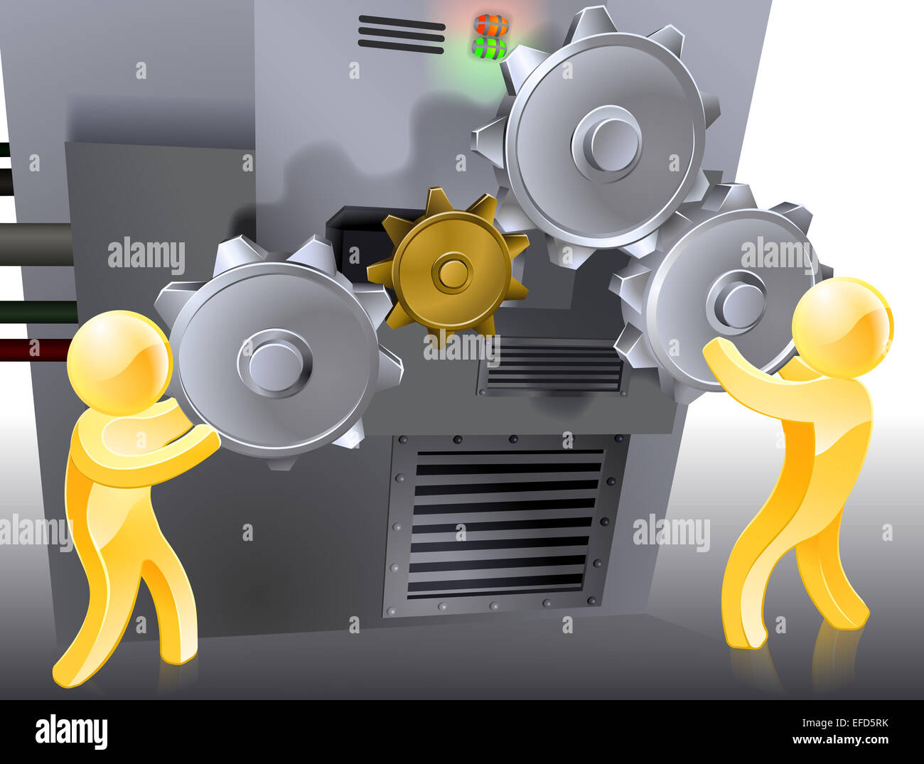 Changing settings concept with two people controlling a machine or ...