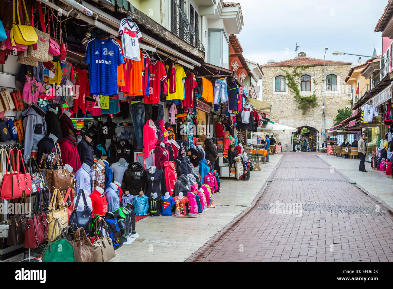 Shops and stores in the outdoor market in the port of Kusadasi, Turkey ...