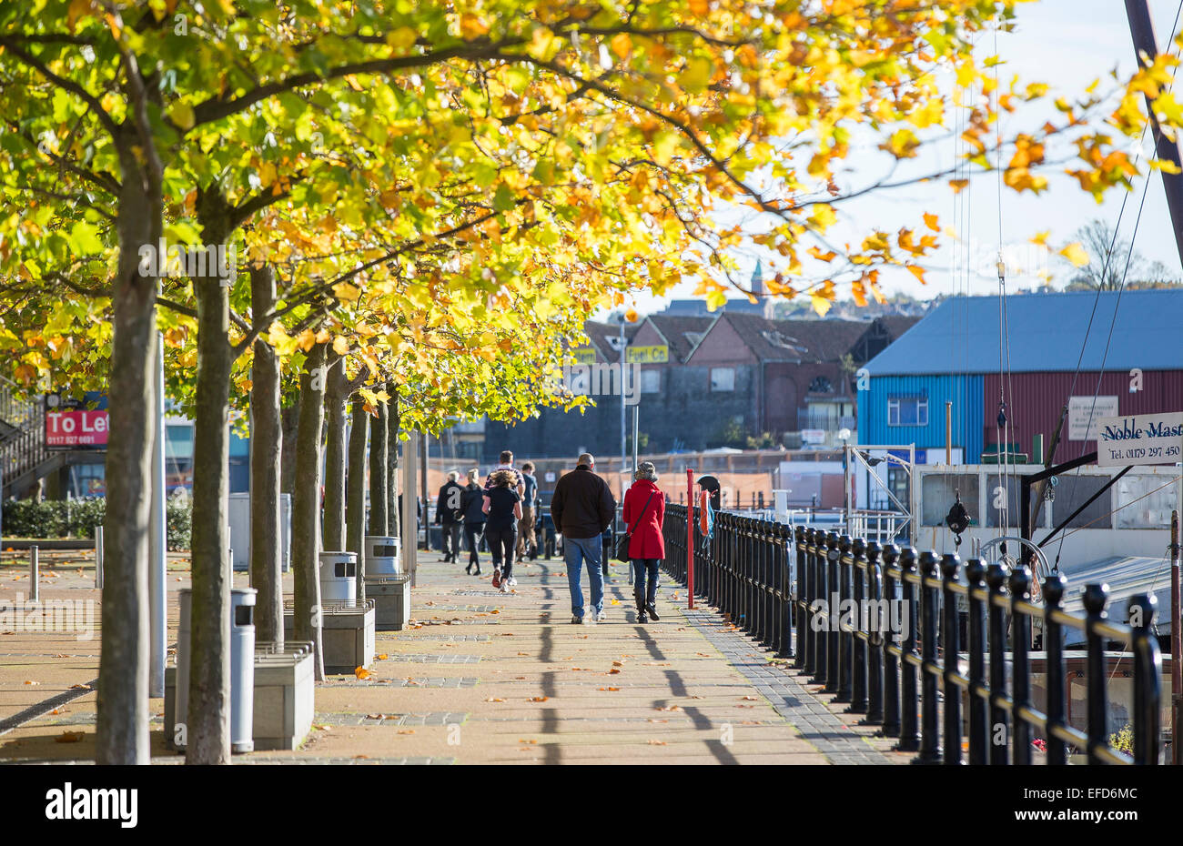 People walk in the warm autumn sunshine under golden trees along ...