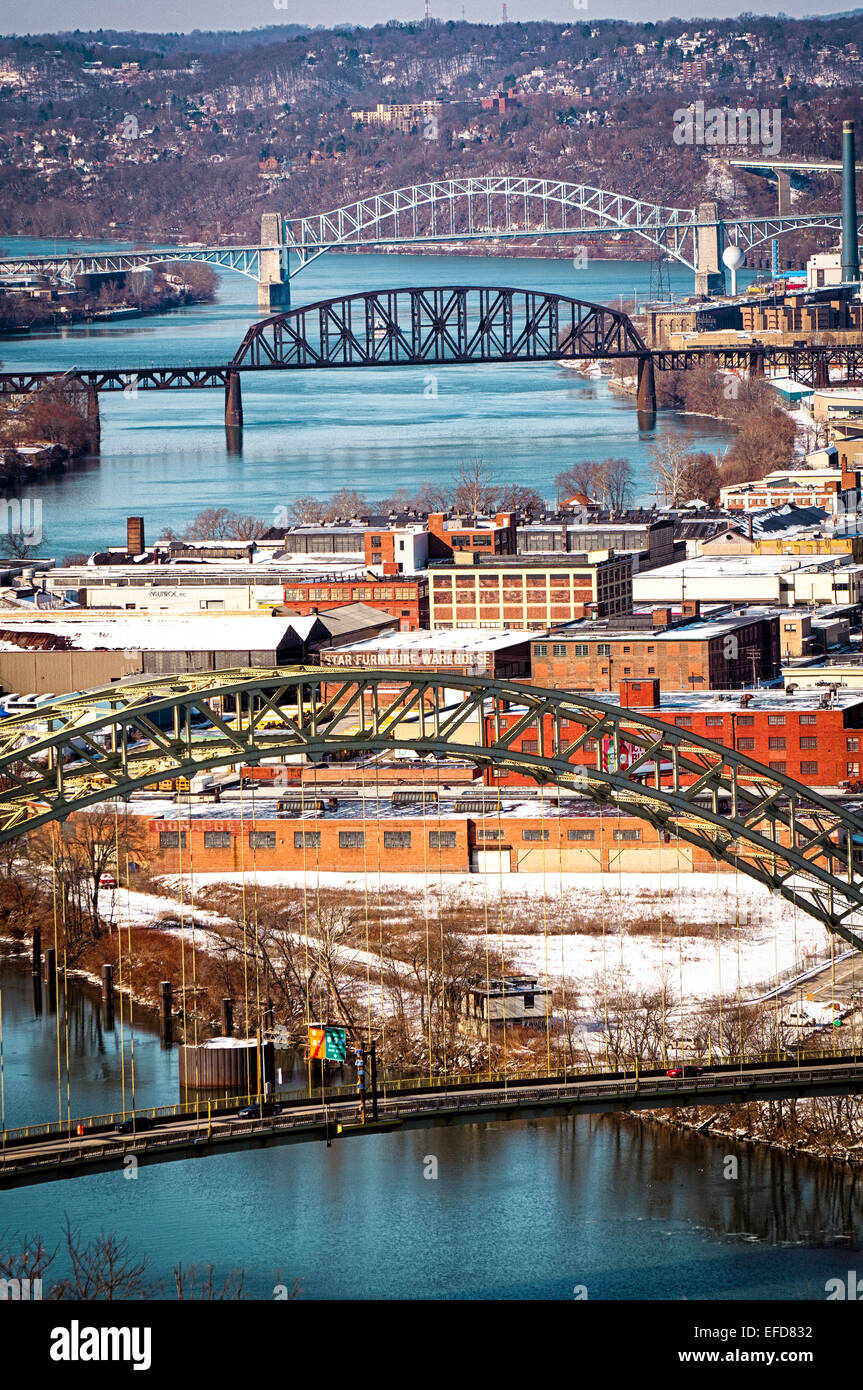 Pictured from front to back are Pittsburgh's West End Bridge, the Ohio ...