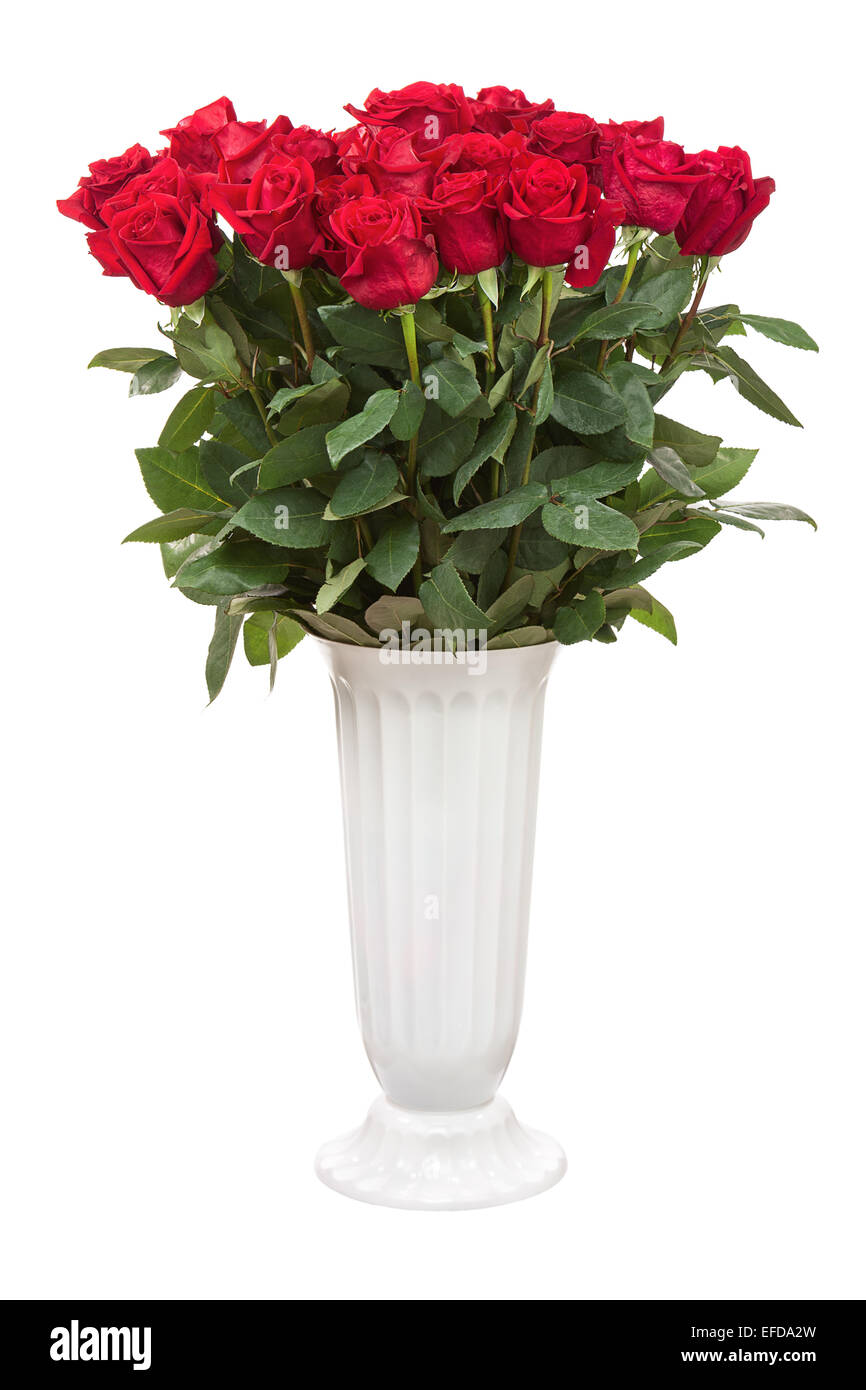 Colorful flower bouquet from red roses in white vase isolated on white ...