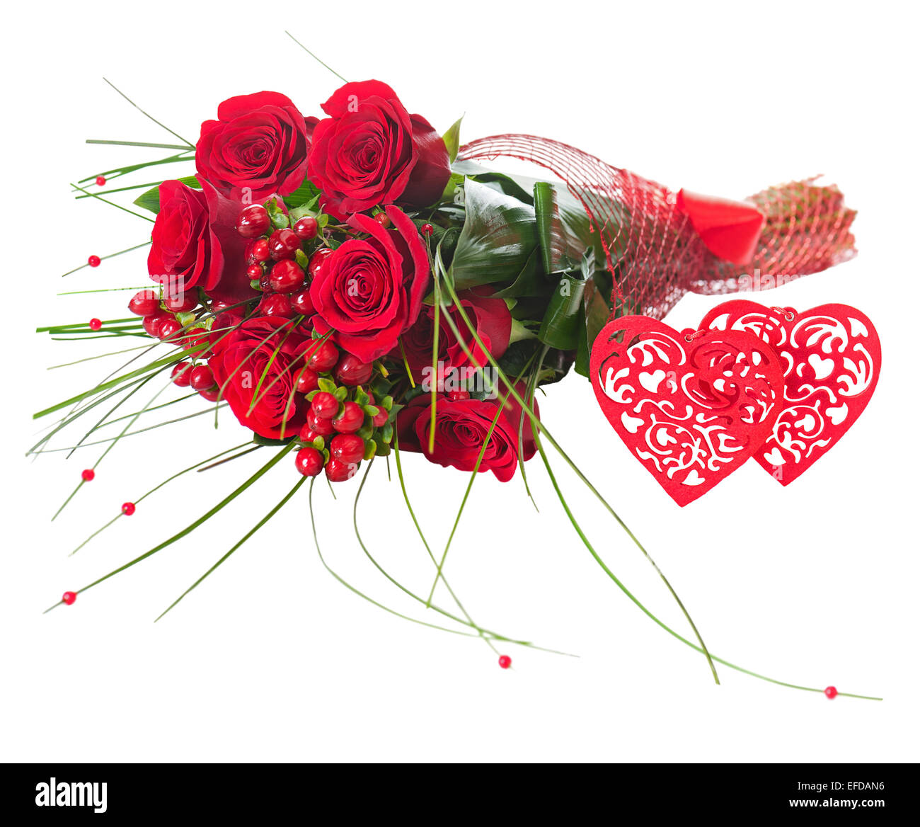 Colorful Flower Bouquet from Red Roses and Two Hearts Isolated on White ...