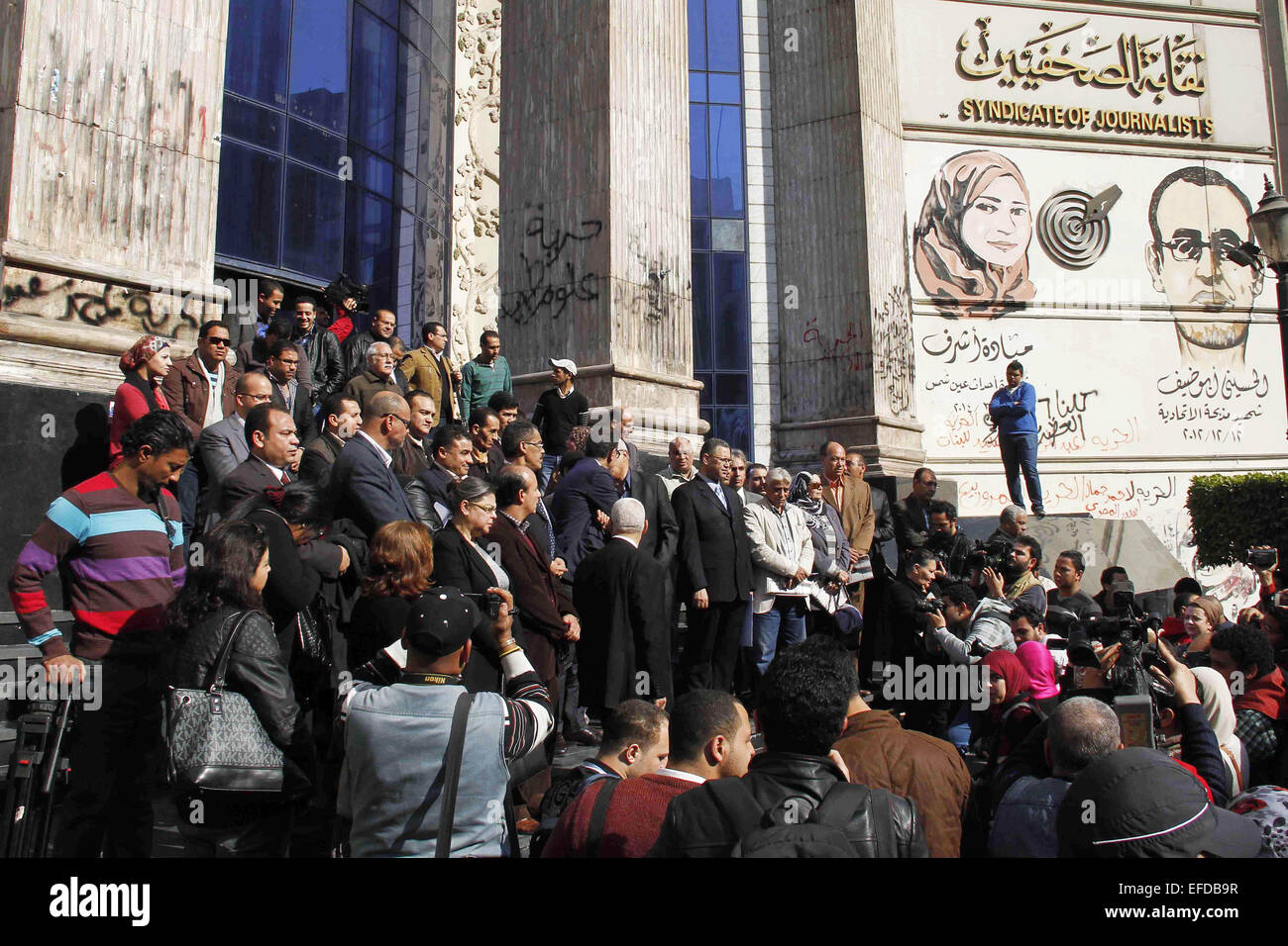 Cairo, Egypt. 1st Feb, 2015. Journalists including the head of the ...