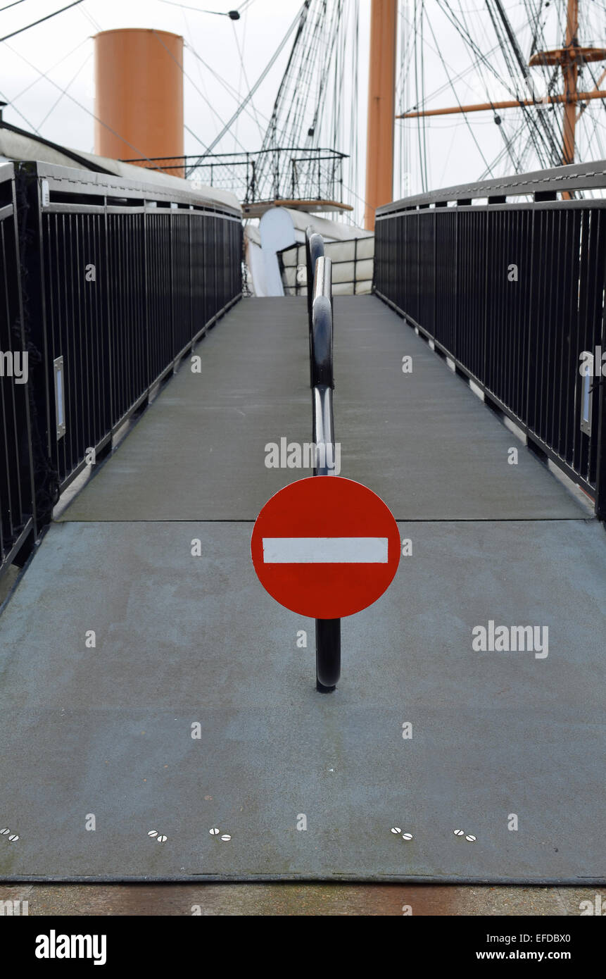 pedestrian no entry sign on gangway to a sailing ship Stock Photo - Alamy