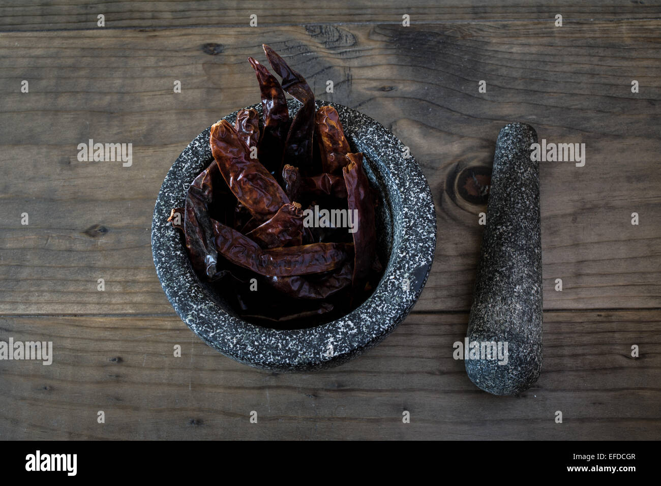 Rustic Chili Peppers in Mortar and Pestle Stock Photo - Alamy