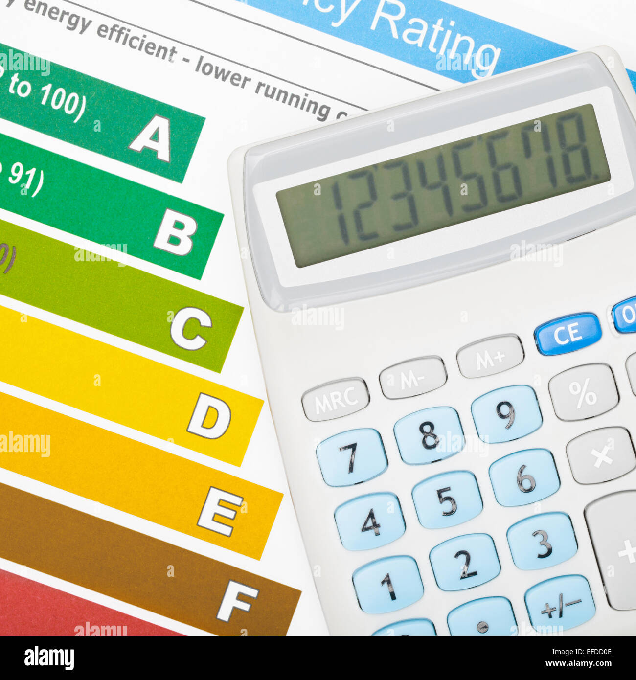 Calculator over energy efficiency chart - studio shot Stock Photo - Alamy