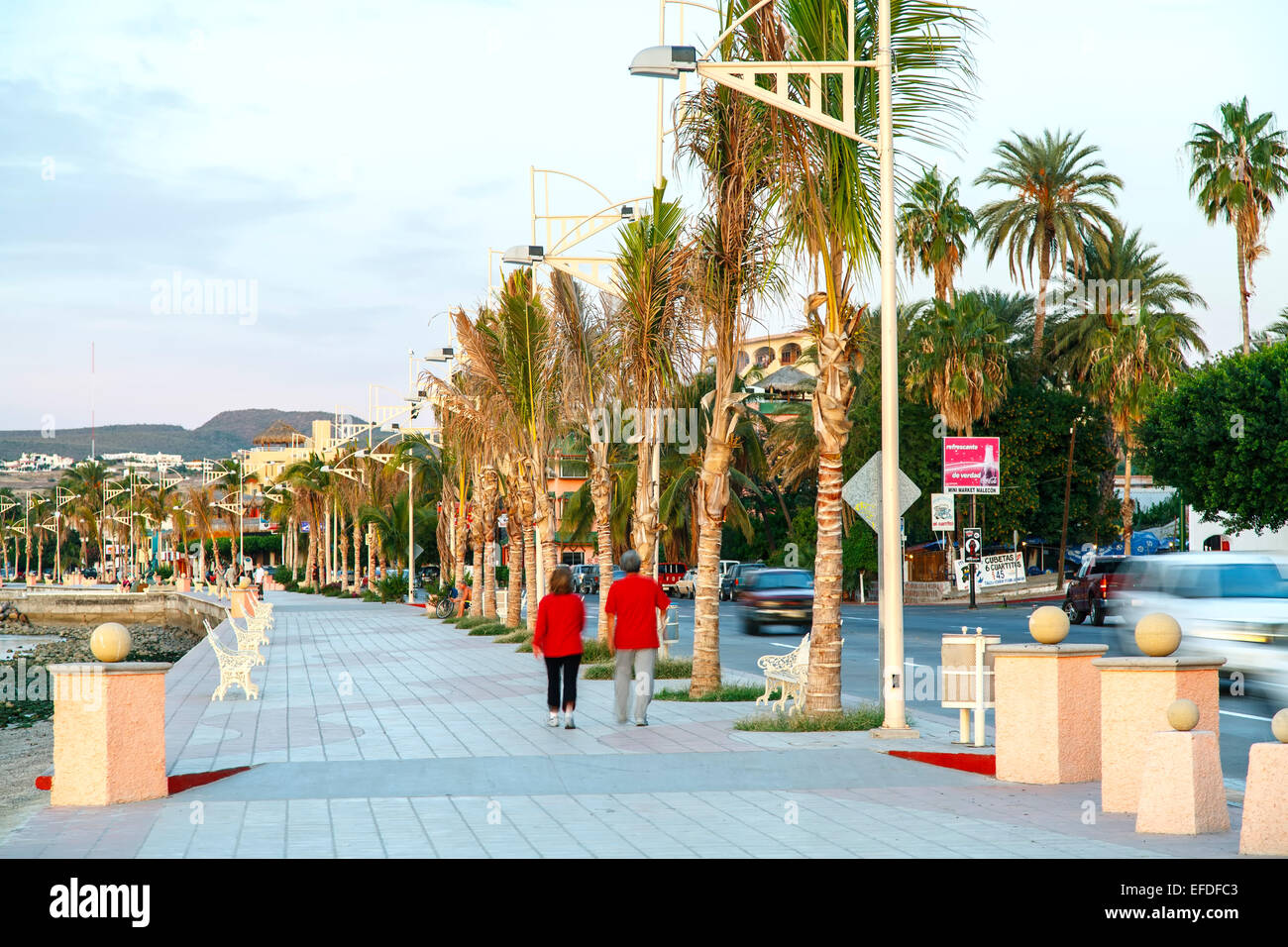 Strollers on palm-lined Malecon (waterfront promenade), La Paz, Baja ...