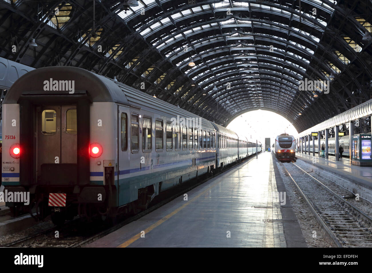 Trains at Milan central railway station (Milano Centrale) in Italy ...