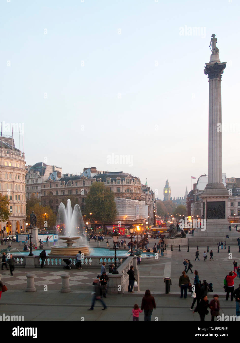 Trafalgar square at sunset; Whitehall and Big Ben in background Stock ...