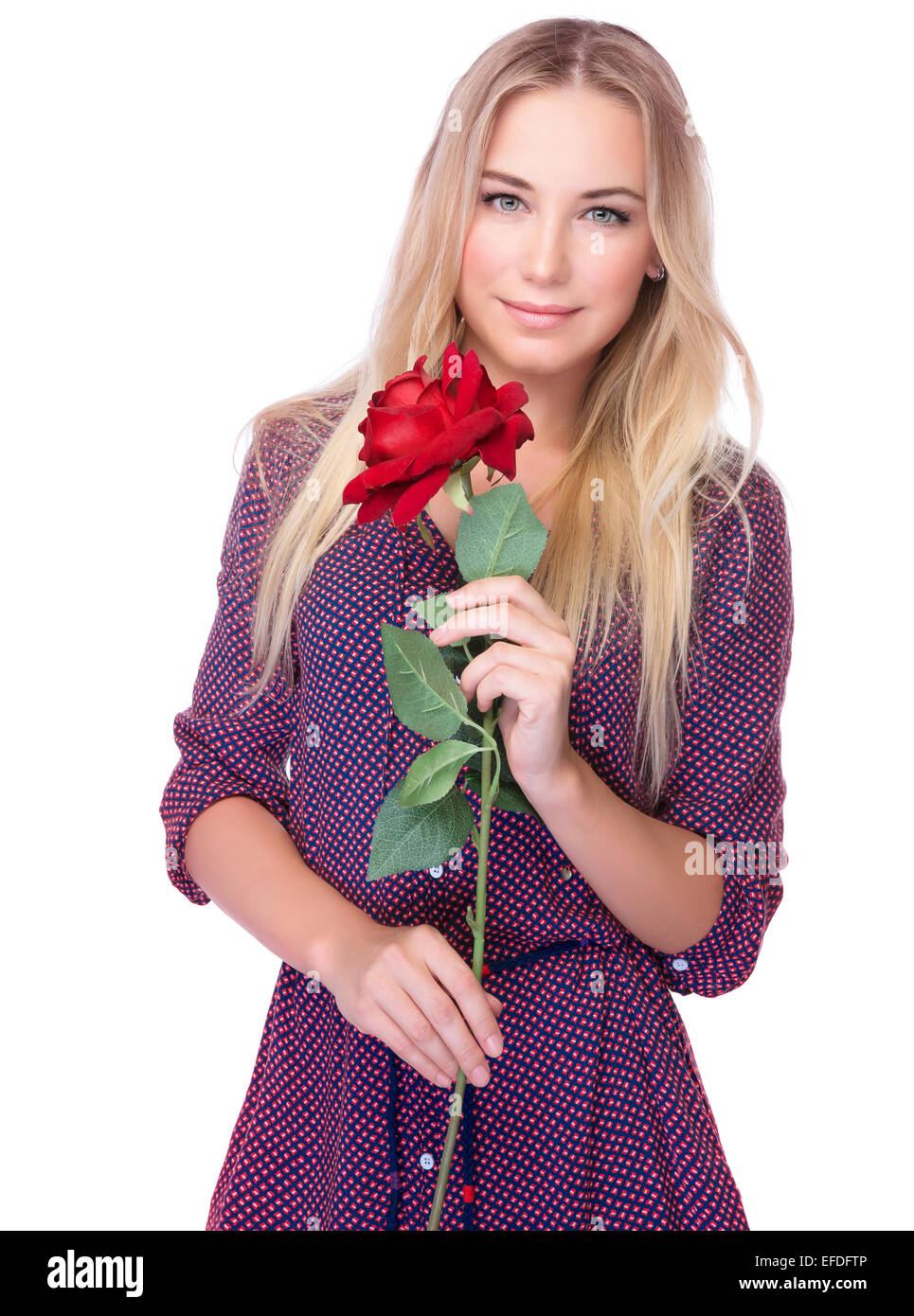 Portrait of attractive gentle woman with beautiful red rose isolated on ...