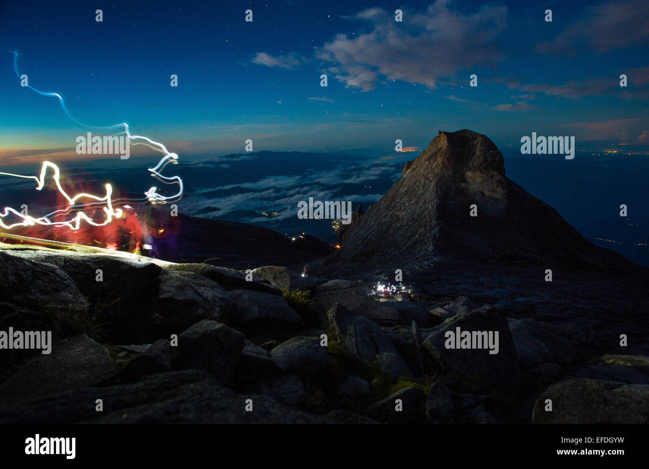 Light trails from the head torches of climbers near the summit of Mount ...