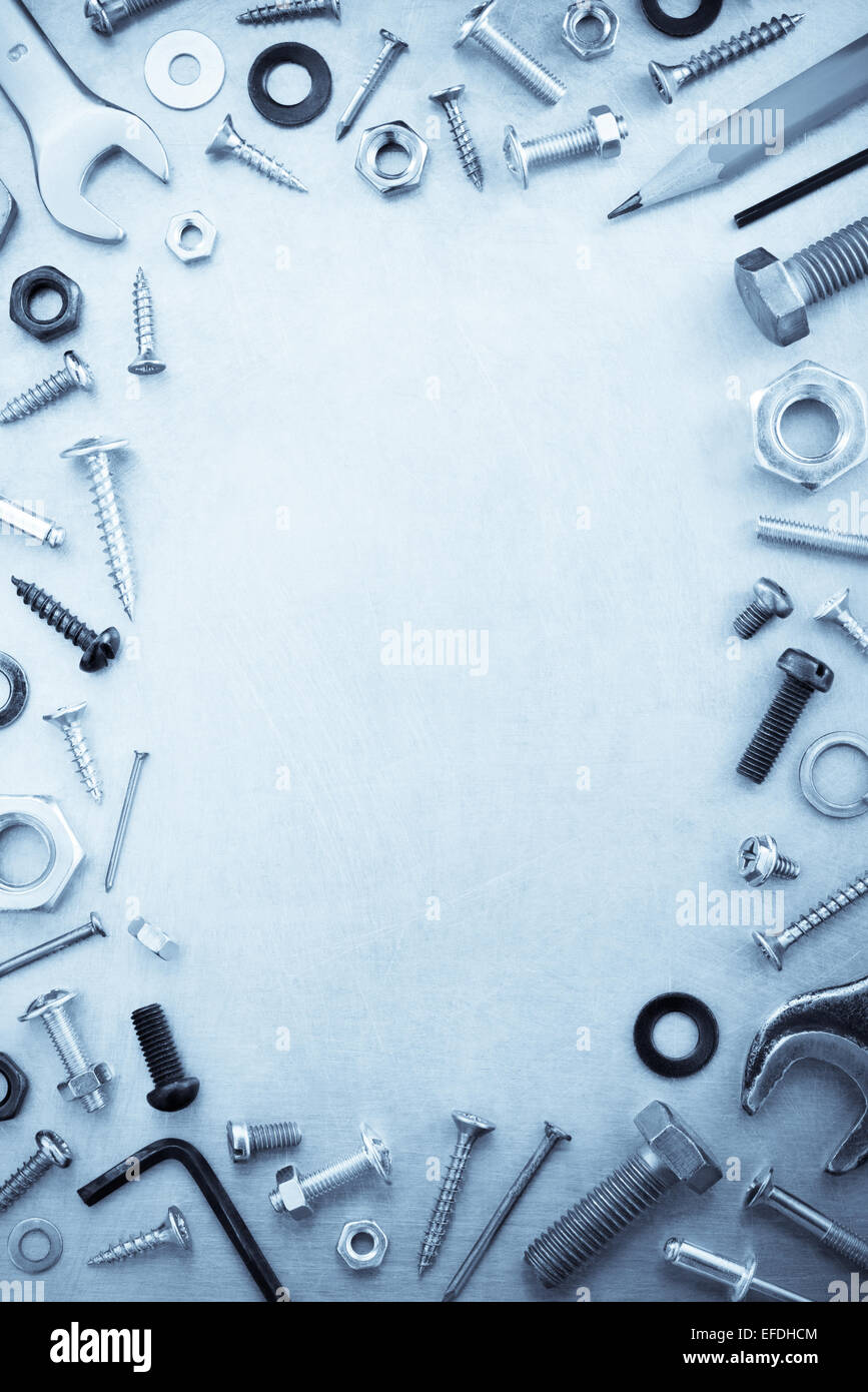 hardware tools at metal background texture Stock Photo - Alamy