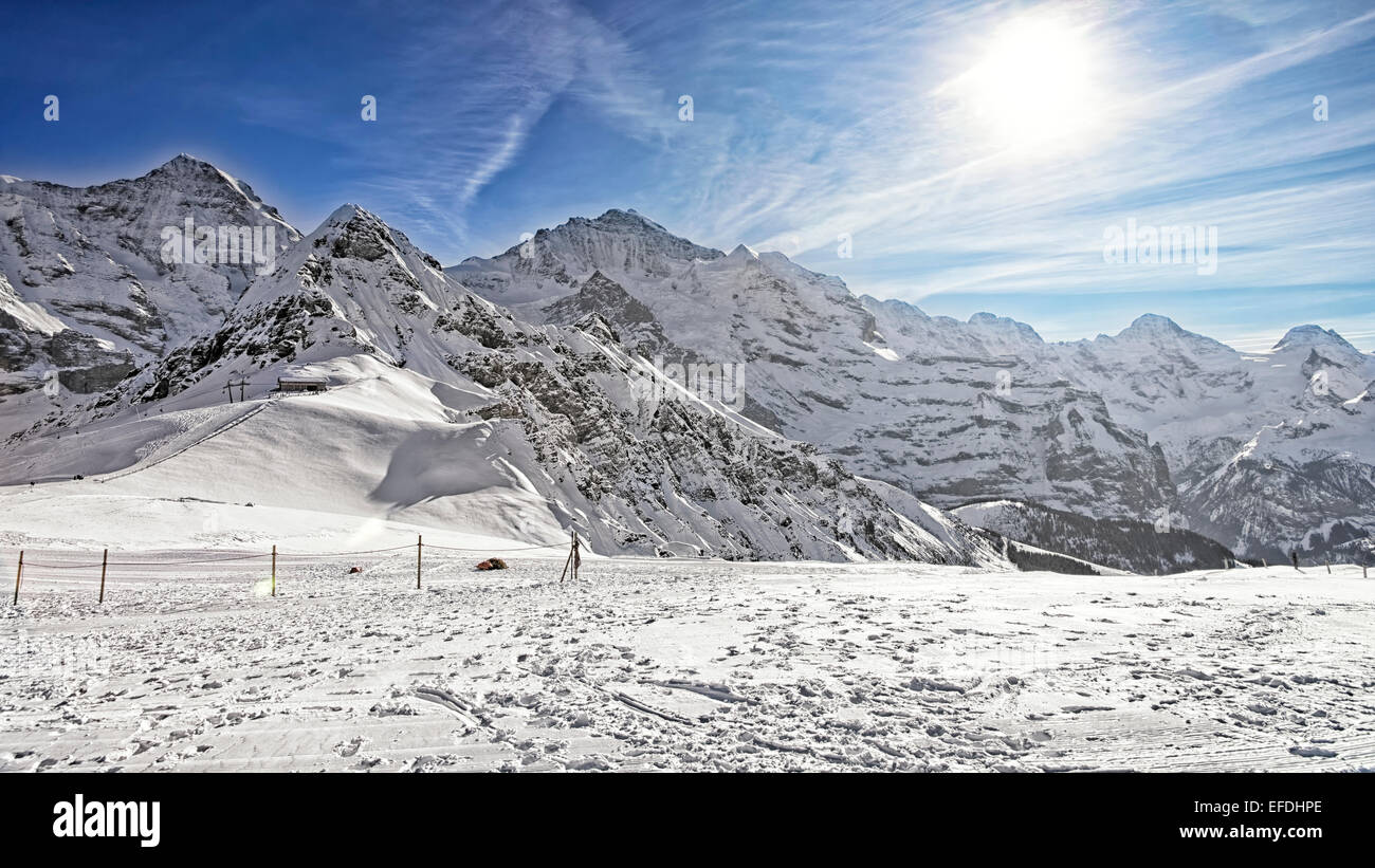 Monch, Jungfrau and Tschuggen alpine peaks in winter Stock Photo - Alamy