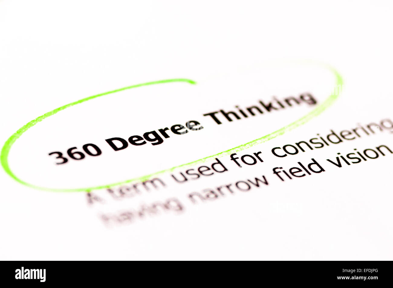 Words 360 Degree Thinking highlighted with green on white paper, copy ...