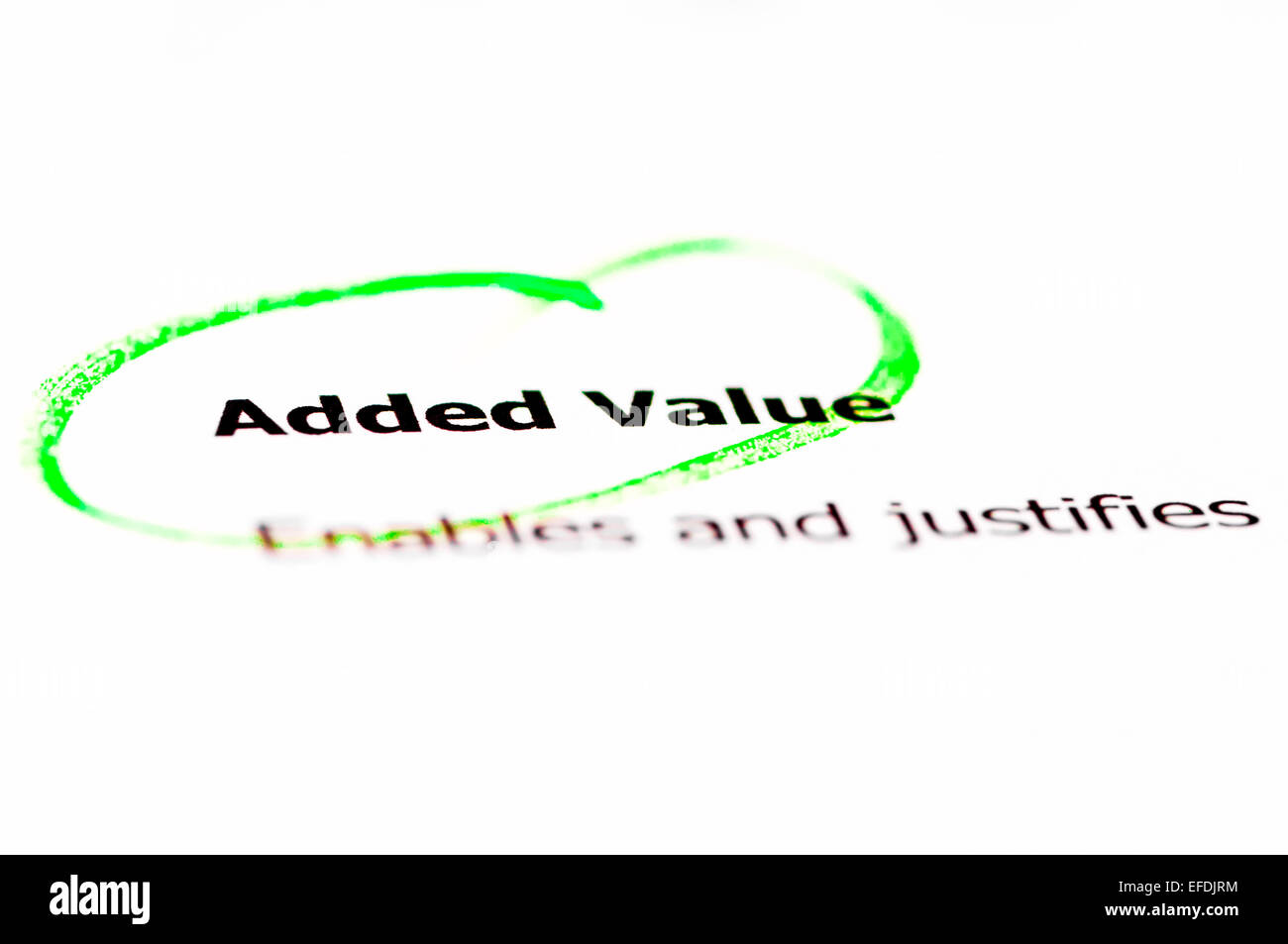 Added Value words highlighted with green on white paper, copy space ...