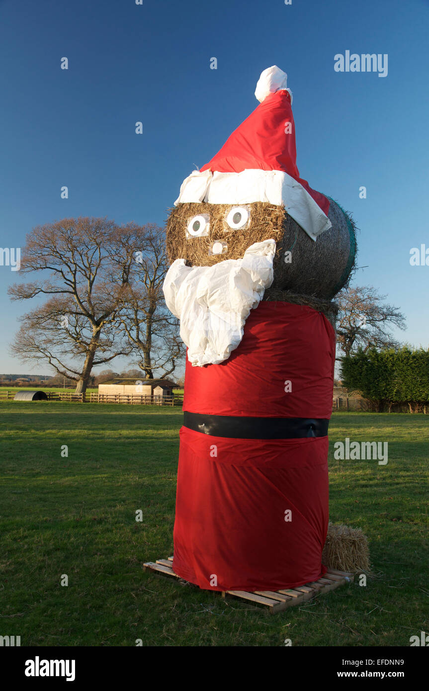 Happy Xmas. A large comical figure of Santa Claus made out of hay bales ...