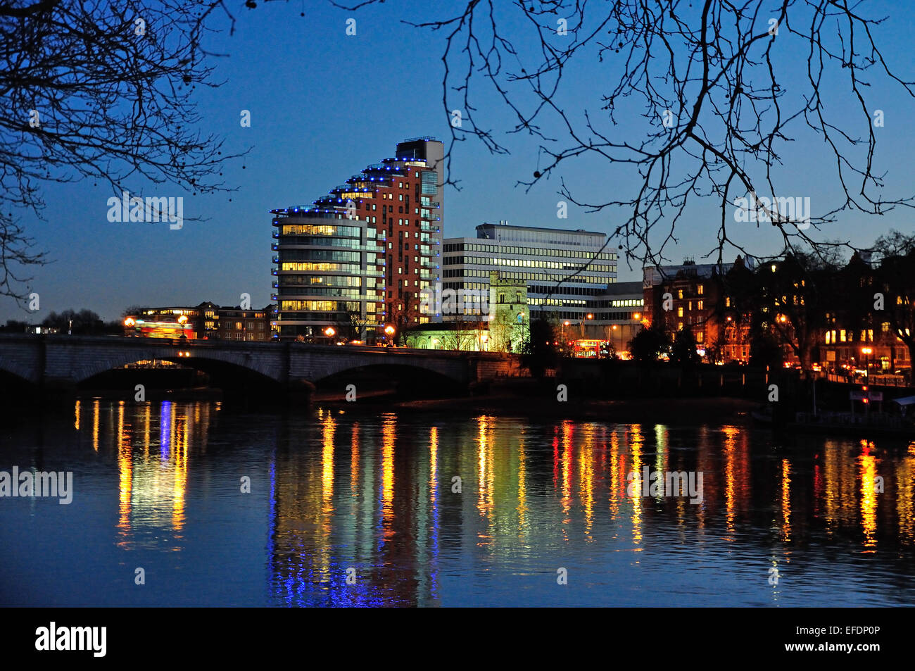 Putney Wharf Tower and River Thames at dusk, Putney, London Borough of ...