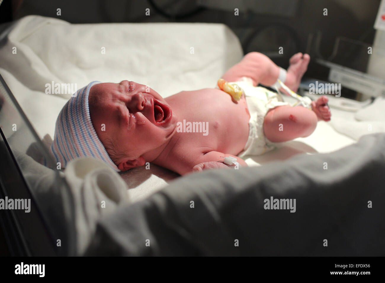 A newborn baby girl is medically examined straight after birth in a ...