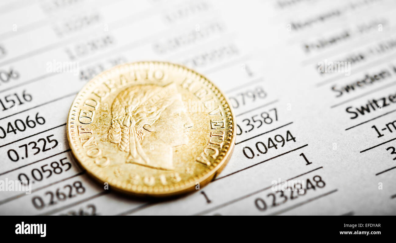 One Swiss Franc coin on fluctuating graph. Rate of the Swiss Franc ...