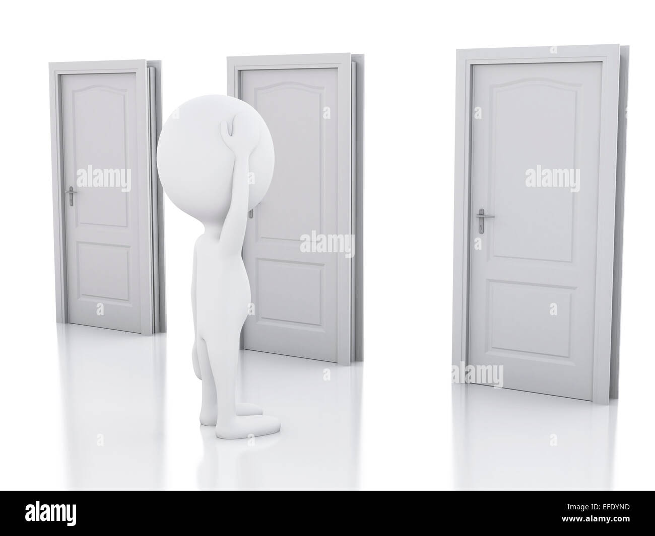 3d image. White people and three doors, doubtful. Choice concept on ...