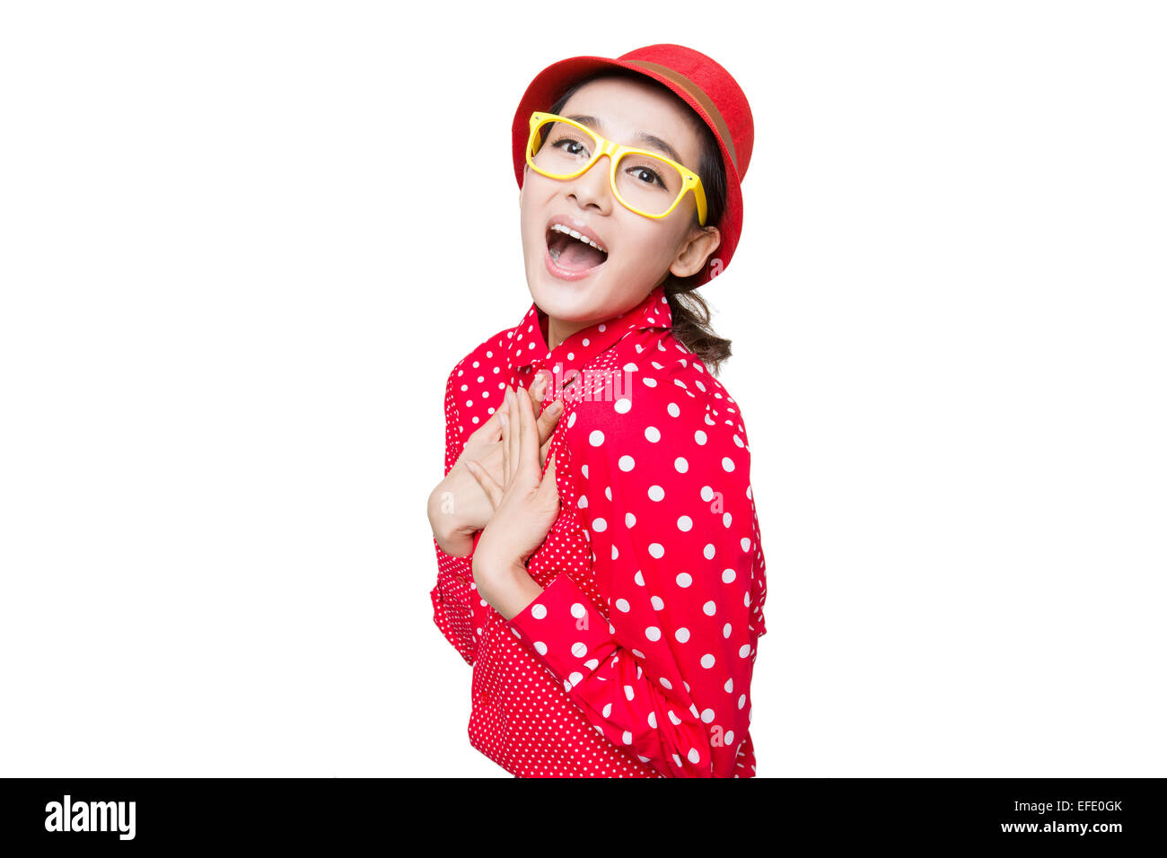 Surprised woman with hands on chest hi-res stock photography and images ...
