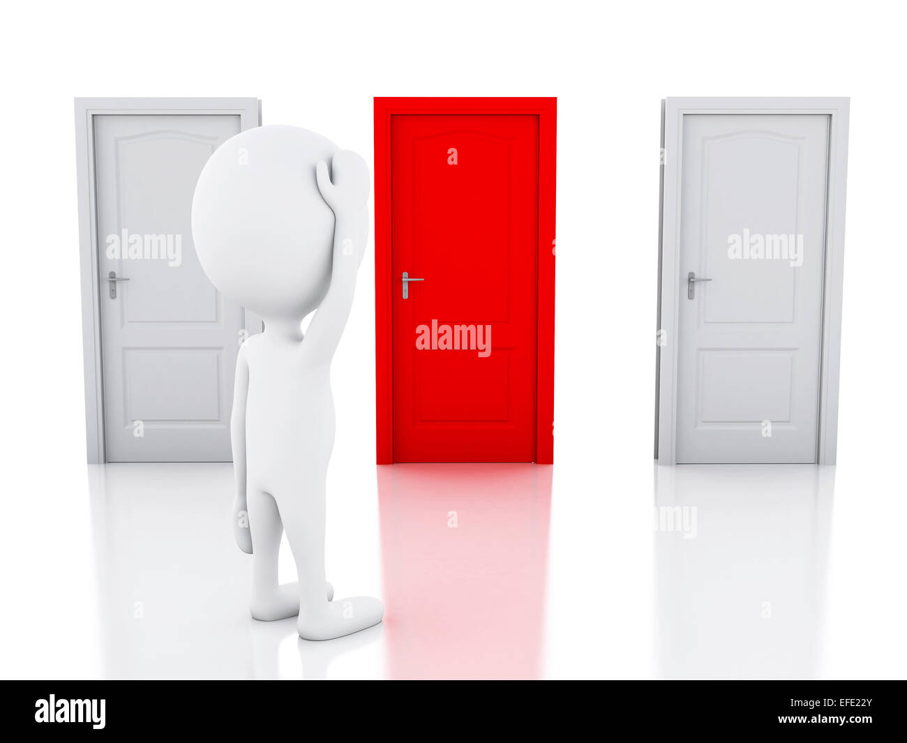 3d image. White people and three doors, doubtful. Choice concept on ...