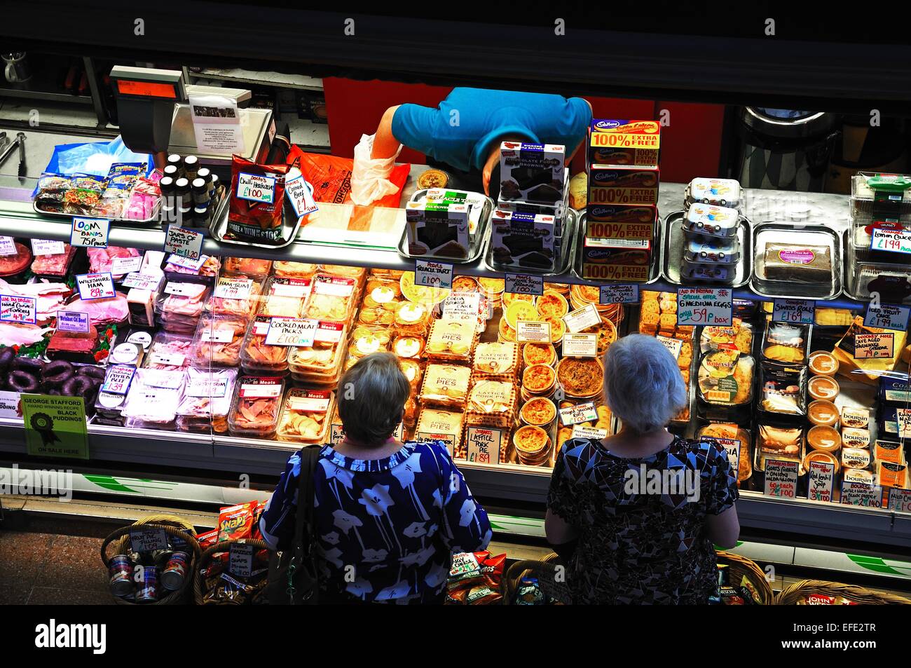 Elevated view of a butchers market stall inside the restored Victorian ...