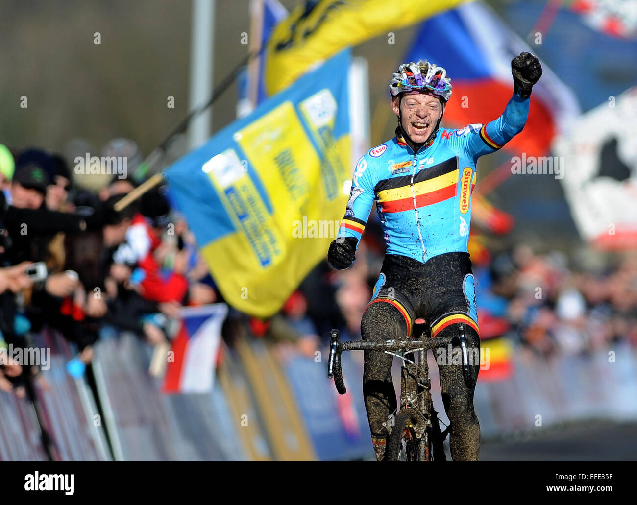 Michael Vanthourenhout of Belgium crosses the finish line as he wins ...