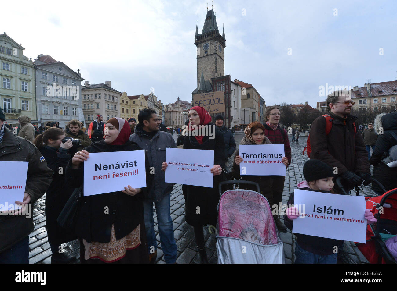 About 500 people gathered in the Old Town square of Prague and ...