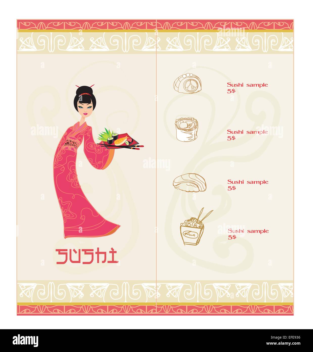 template of traditional Japanese food with Asian girl menu Stock Vector ...