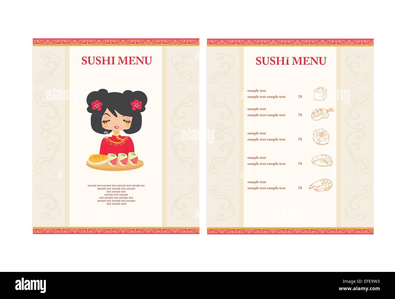 template of traditional Japanese food menu with little Asian girl enjoy ...