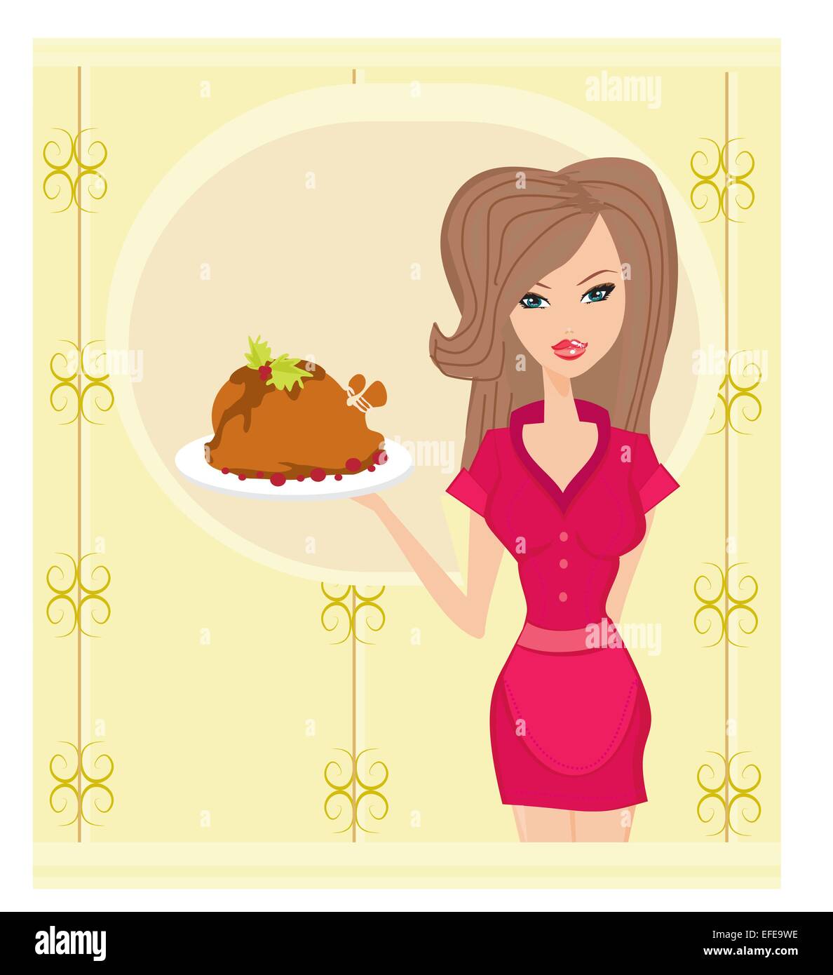 A beautiful woman waitress enjoys chicken on a tray Stock Vector Image ...