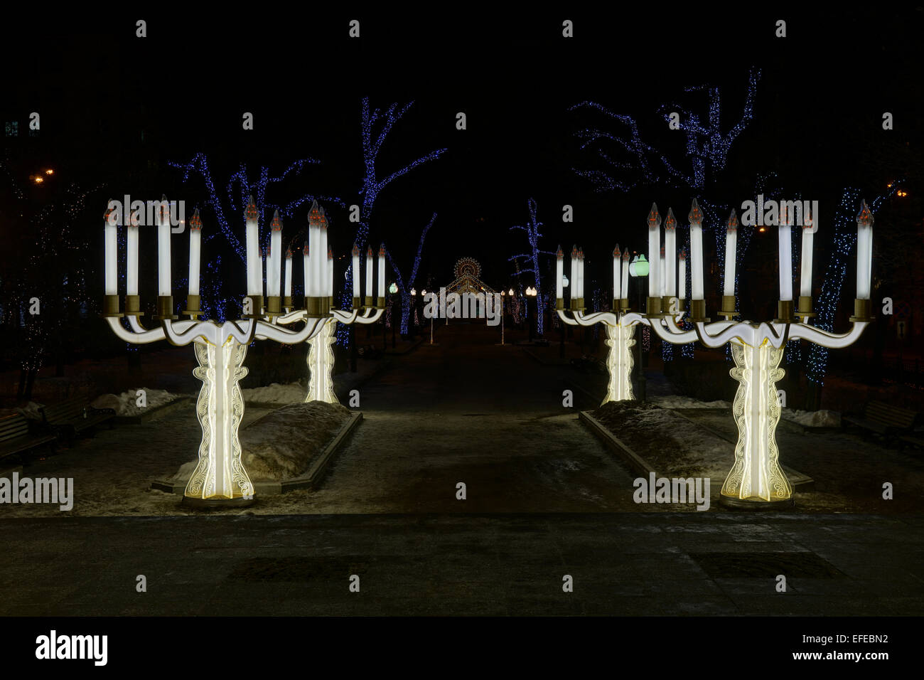 Electric light decorations in Moscow at night Stock Photo - Alamy