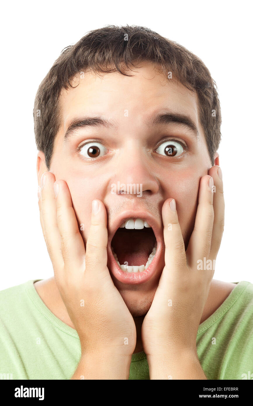young amazed man portrait isolated on white background Stock Photo - Alamy