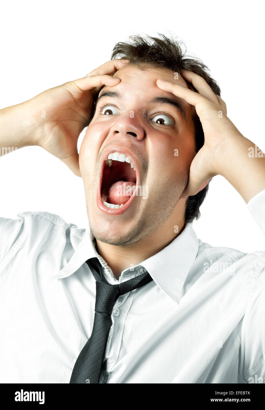 young office worker mad by stress screaming isolated on white Stock ...
