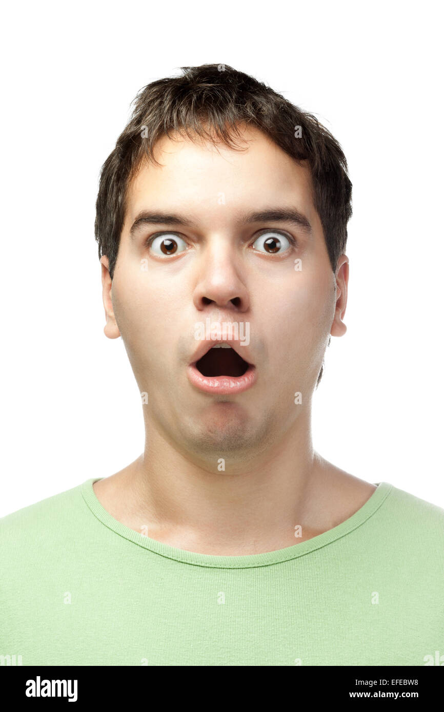 amazed young man funny portrait isolated on white background Stock ...