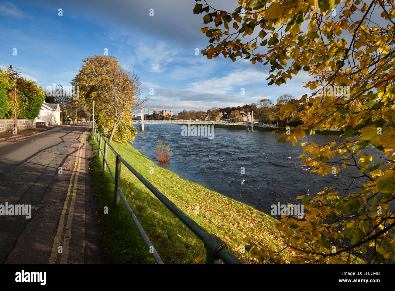 Autumn trees, Castle, River Ness, Inverness, Scotland Highland region ...