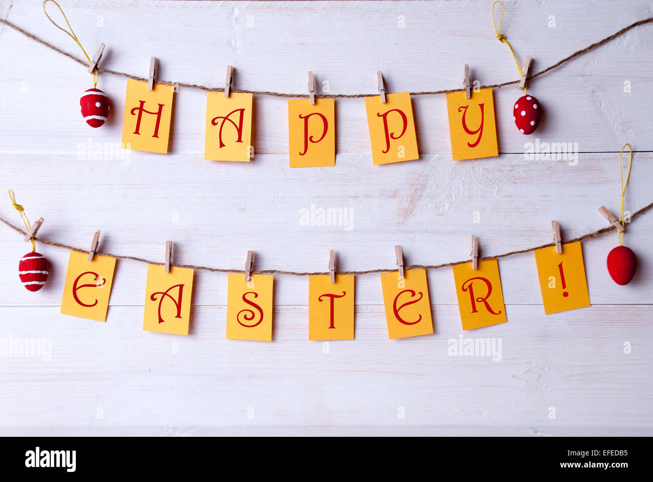 Yellow Labels With Red English Text Happy Easter Hanging On A Line With ...