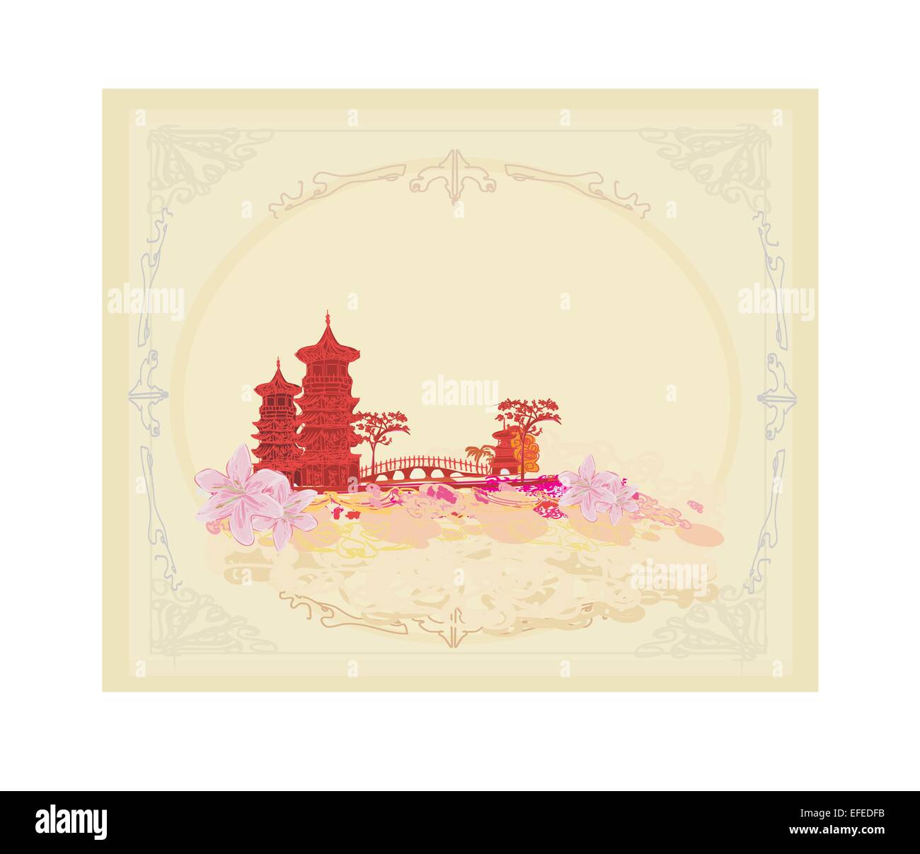 old paper with Japanese temple on abstract Asian Landscape Stock Vector ...