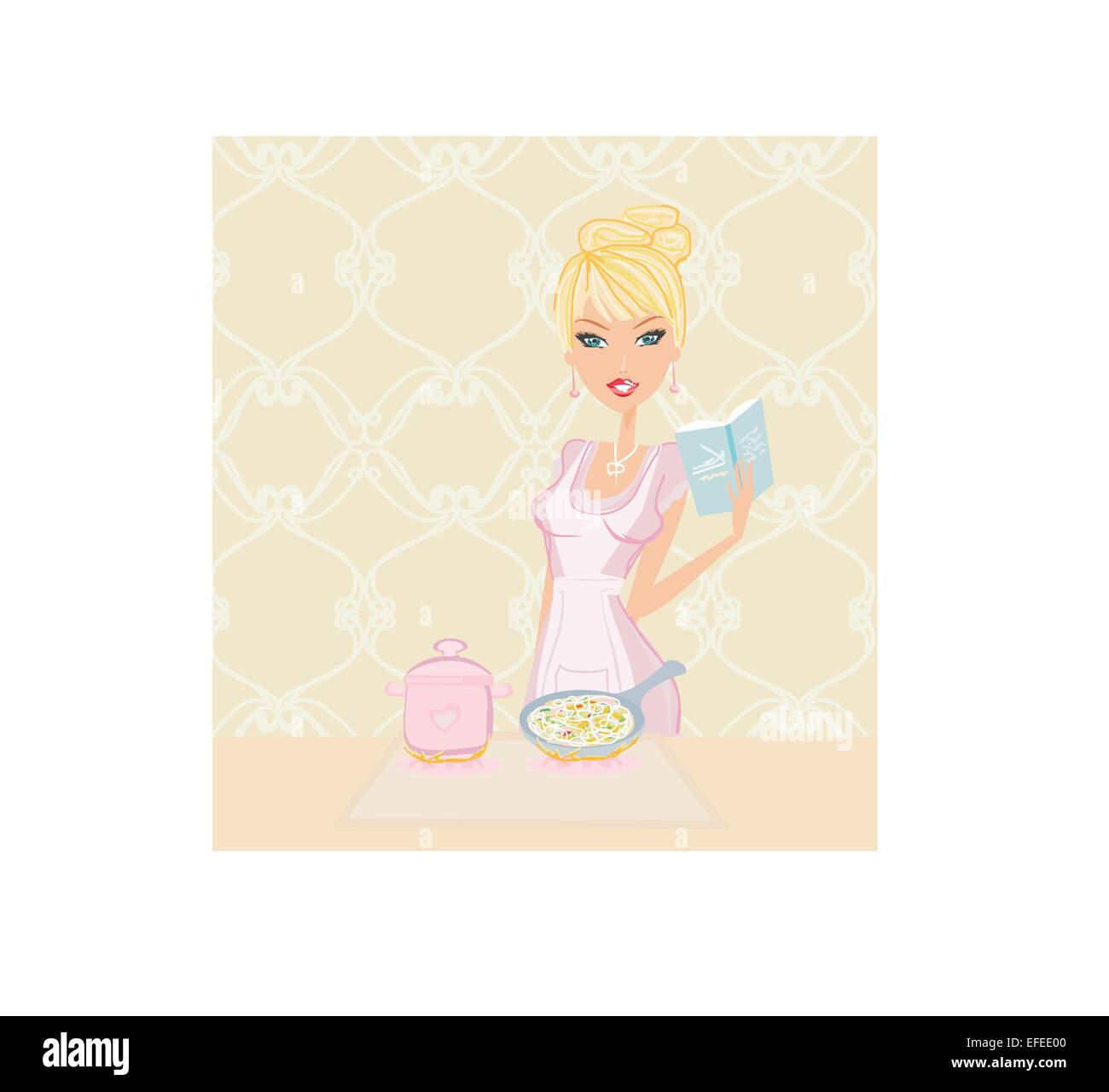 Beautiful lady with cookbook cooking lunch Stock Vector Image & Art - Alamy