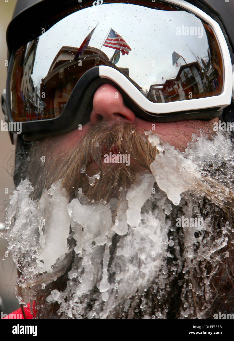 Colorado, USA. 31st January, 2014. A skier with an iced beard is seen ...