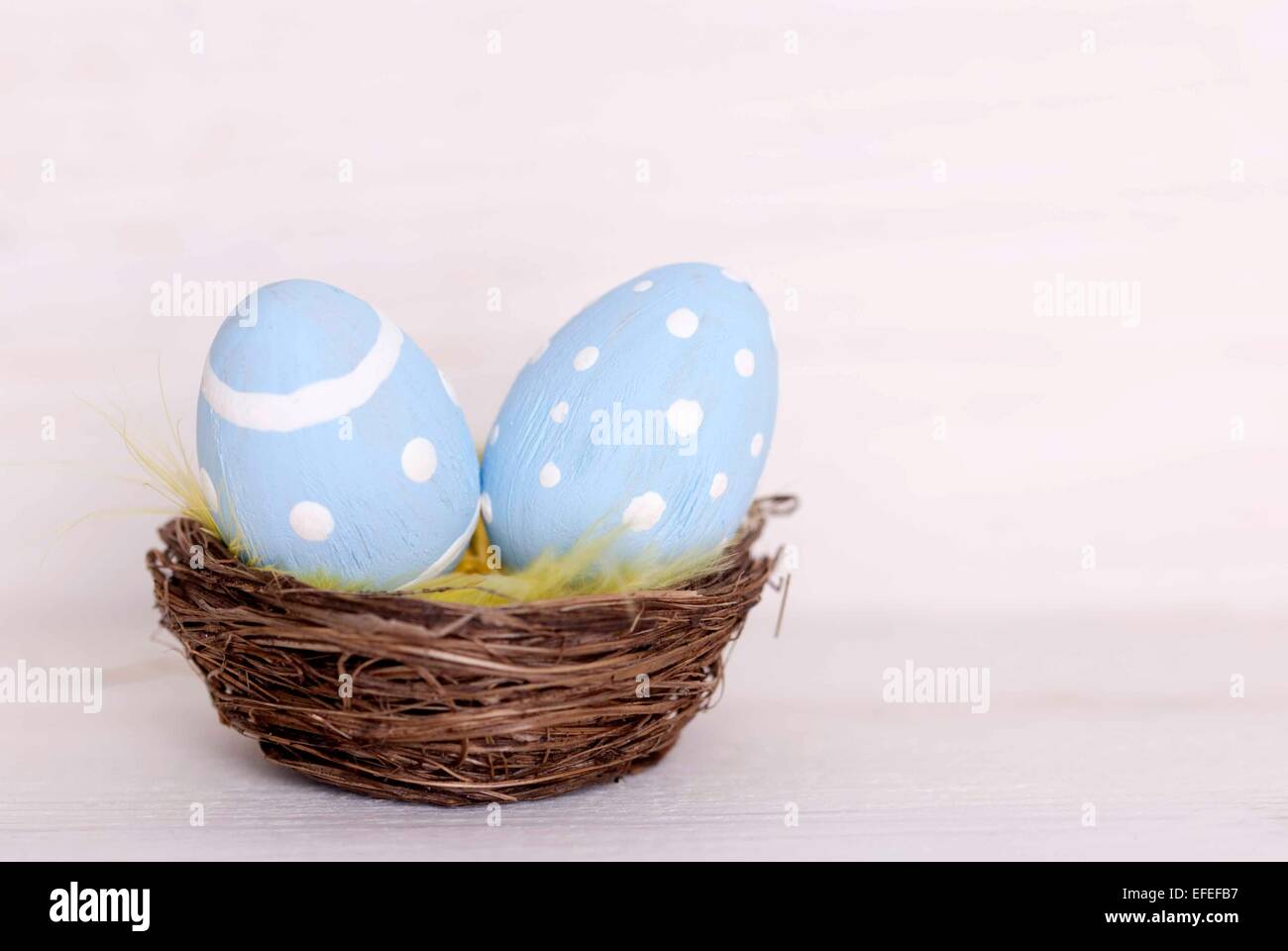 Two Easter Eggs In A Nest With Feathers Which Are Blue Dotted And ...