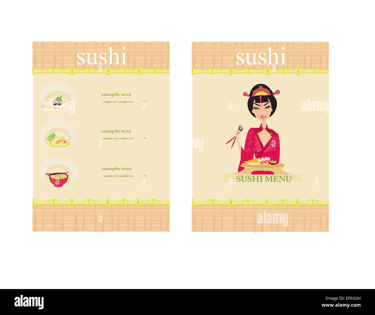 template of traditional Japanese food menu with Asian girl set card ...